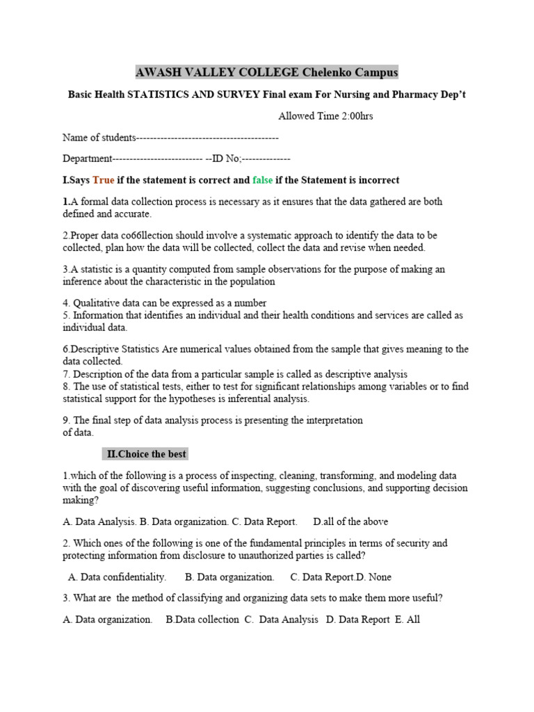 Basic Health Statistics Final Exam Guide | PDF | Statistics ...