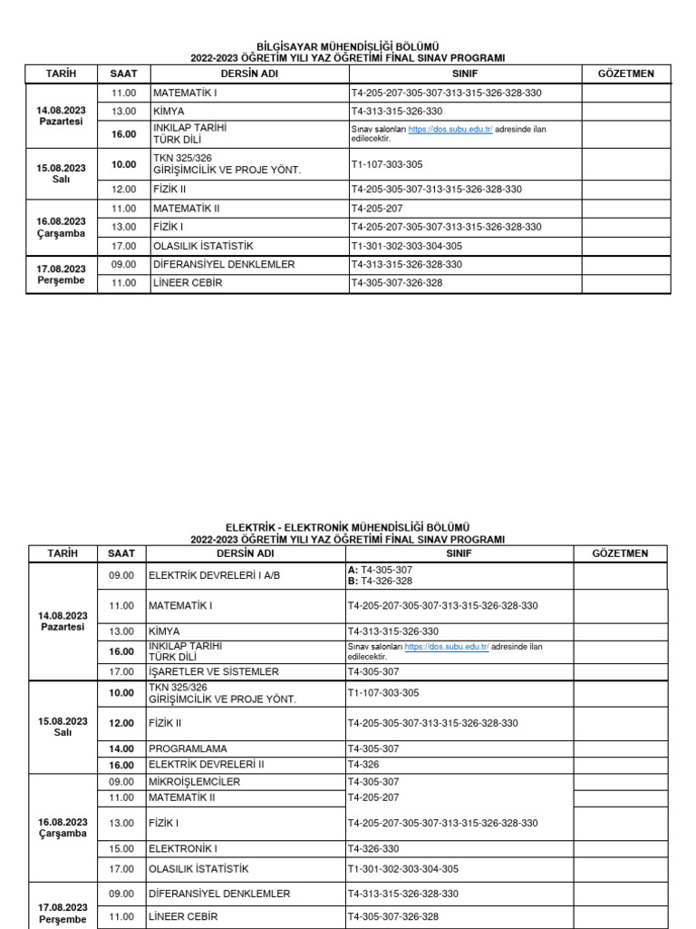 2022-2023 Yaz Final Sınav Programı | PDF