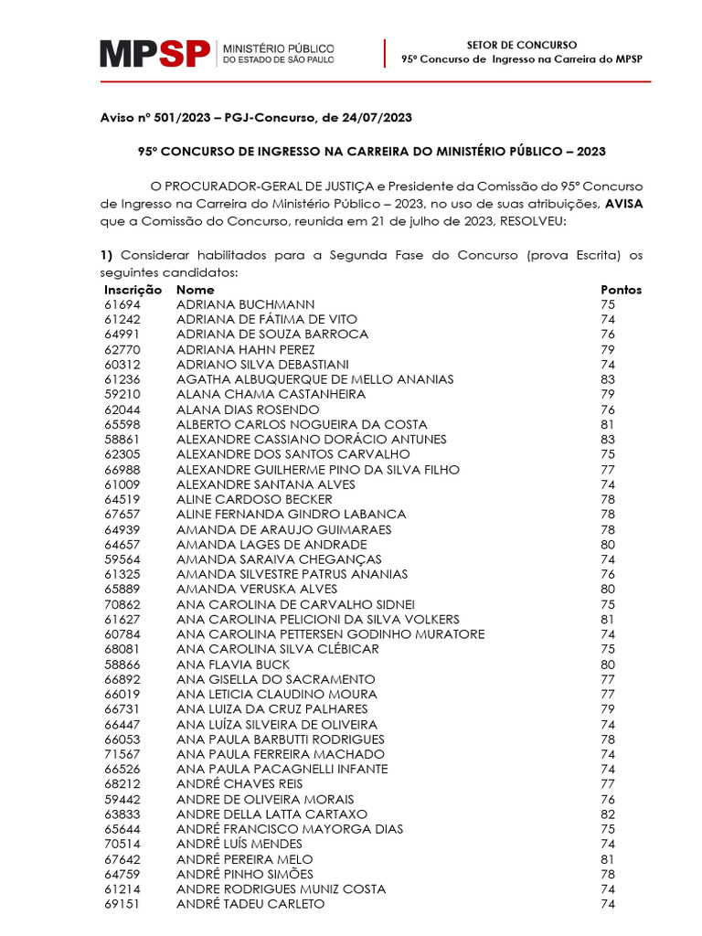 Aviso Nº 501-23 - Resultado Prova Preambular para Site | PDF