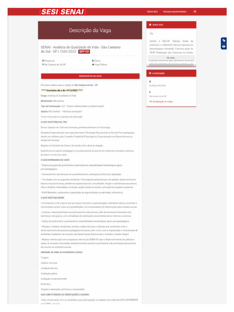 SENAI - Analista de Qualidade de Vida - São Caetano Do Sul - SP 1043 ...