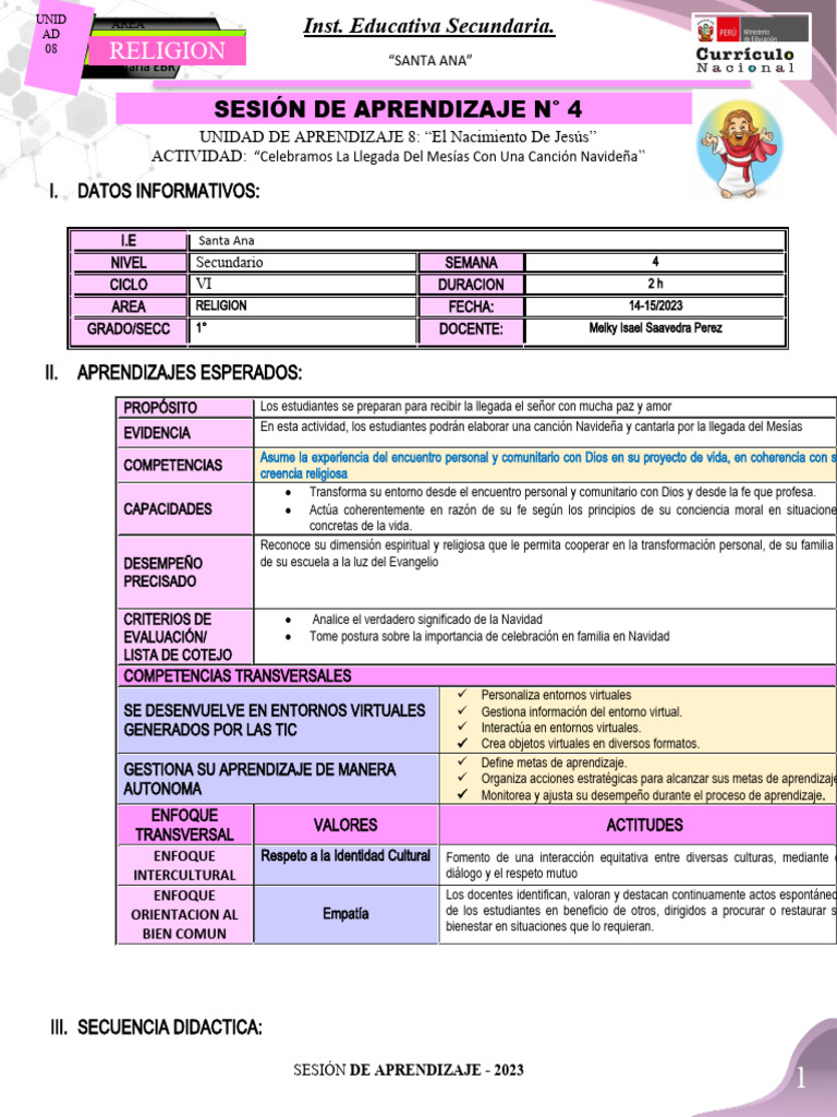 Sesion Religion 1°2° Sec-Semana 04 Uni 8 | Descargar gratis PDF | Aprendizaje | Oración