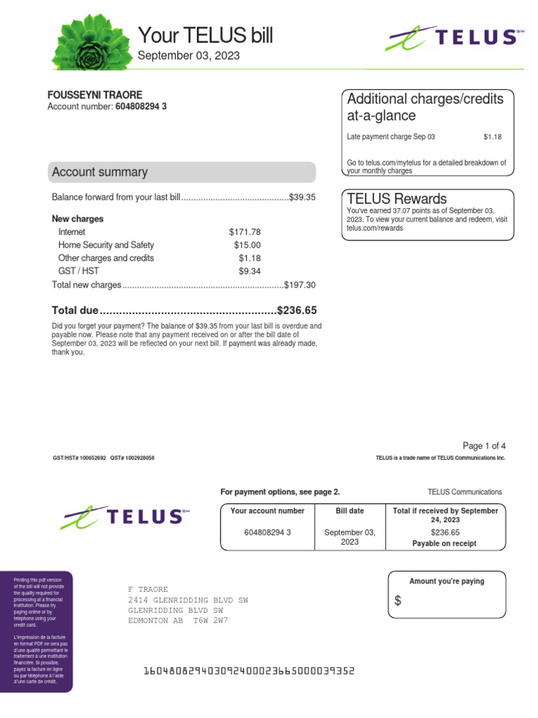 TELUS Bill Summary for September 2023 | PDF | Payments | Credit Card