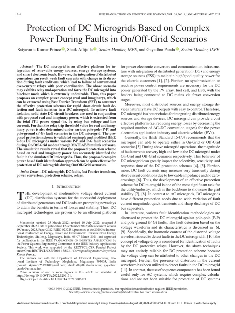 Protection Of Dc Microgrids Based On Complex Power During Faults In On Off Grid Scenarios Pdf