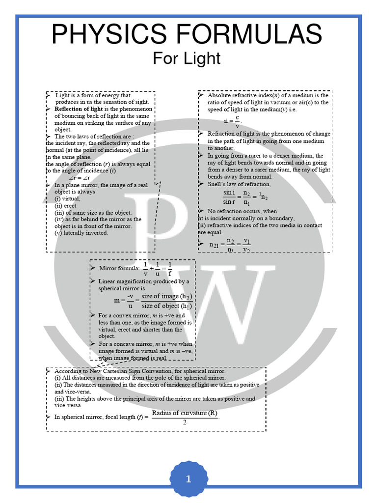 Physics Formulas: For Light | PDF | Refraction | Mirror