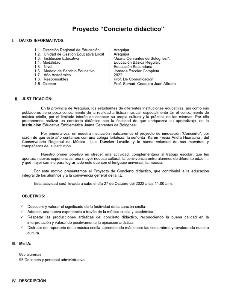 Proyecto-De-Concierto Didactico I.E Juana Cervantes-1 | PDF | Maestros