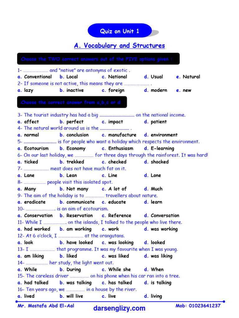 TEST U 1 SEC. 1 Easy English with Mr Mostafa (darsenglizy.com موقع درس ...
