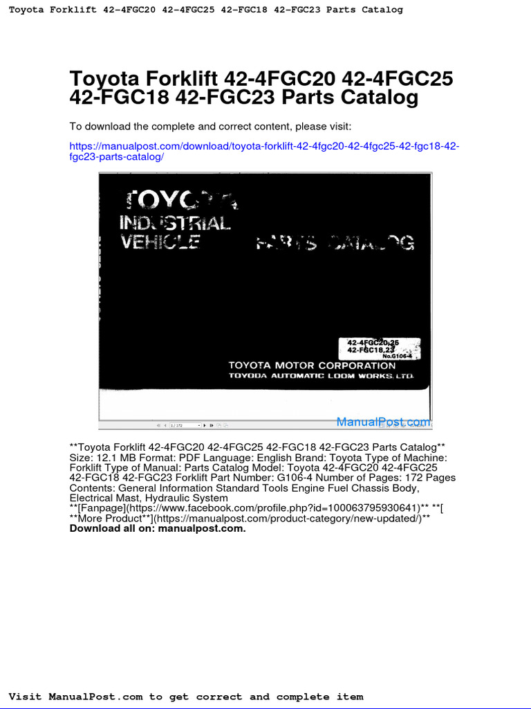 Toyota Forklift 42 4fgc20!42!4fgc25 42 Fgc18 42 Fgc23 Parts Catalog ...