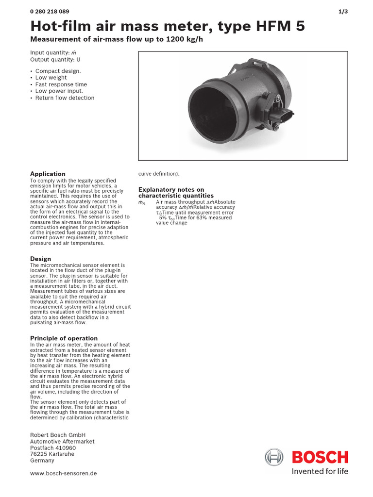 Hot-Film Air Mass Meter, Type HFM 5: Measurement of Air-Mass Flow Up To 1200 KG/H | Download ...
