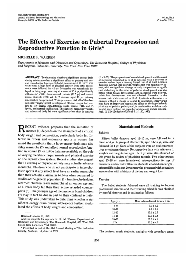 The Effects of Exercise On Pubertal Progression and Reproductive Function in Girls | PDF ...