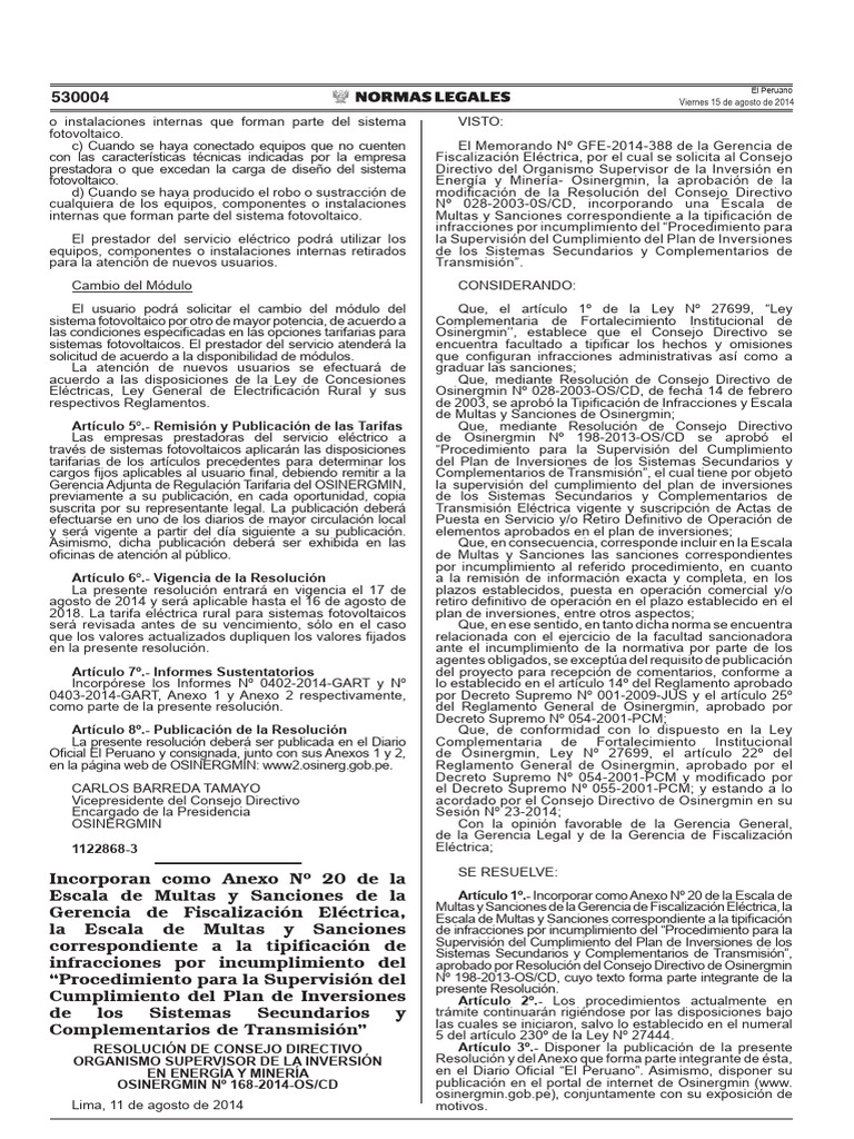 Anexo 20 - Escala de Multas y Sanciones Osinergmin | PDF | Multa (pena) | Fotovoltaica