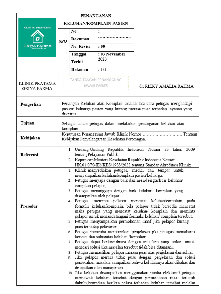 047 Spo Penanganan Keluhan Atau Komplain | PDF