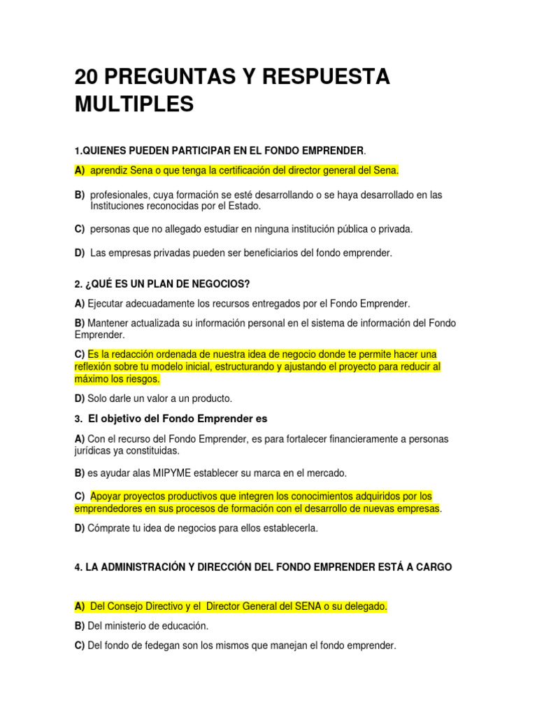 20 Preguntas y Respuesta Multiples | PDF | Iniciativa empresarial ...