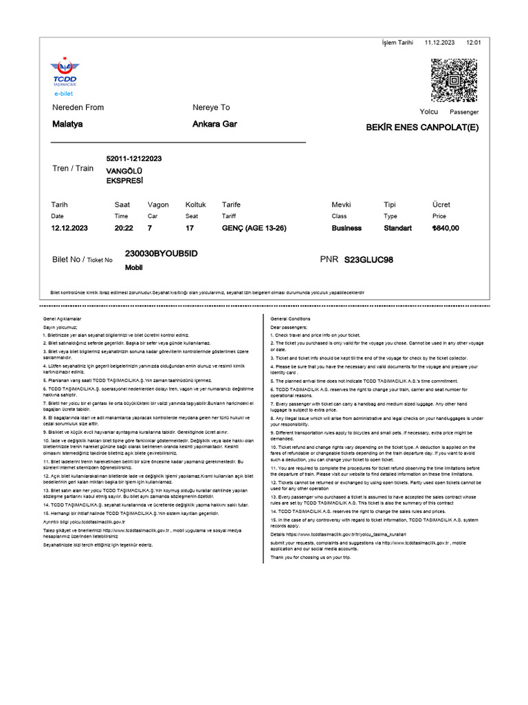Malatya Ankara Gar Bekir Enes Canpolat (E) : Nereden From Nereye To | PDF