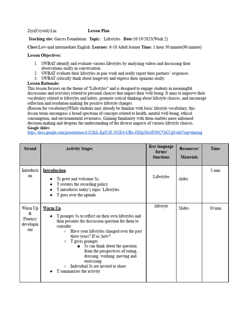8215 Lesson Plan 1 | PDF | Longevity | Learning