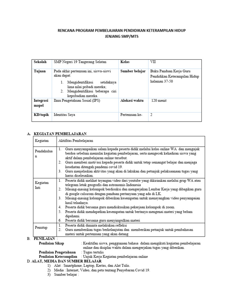 Rencana Program Pembelajaran Pendidikan Keterampilan Hidup | PDF