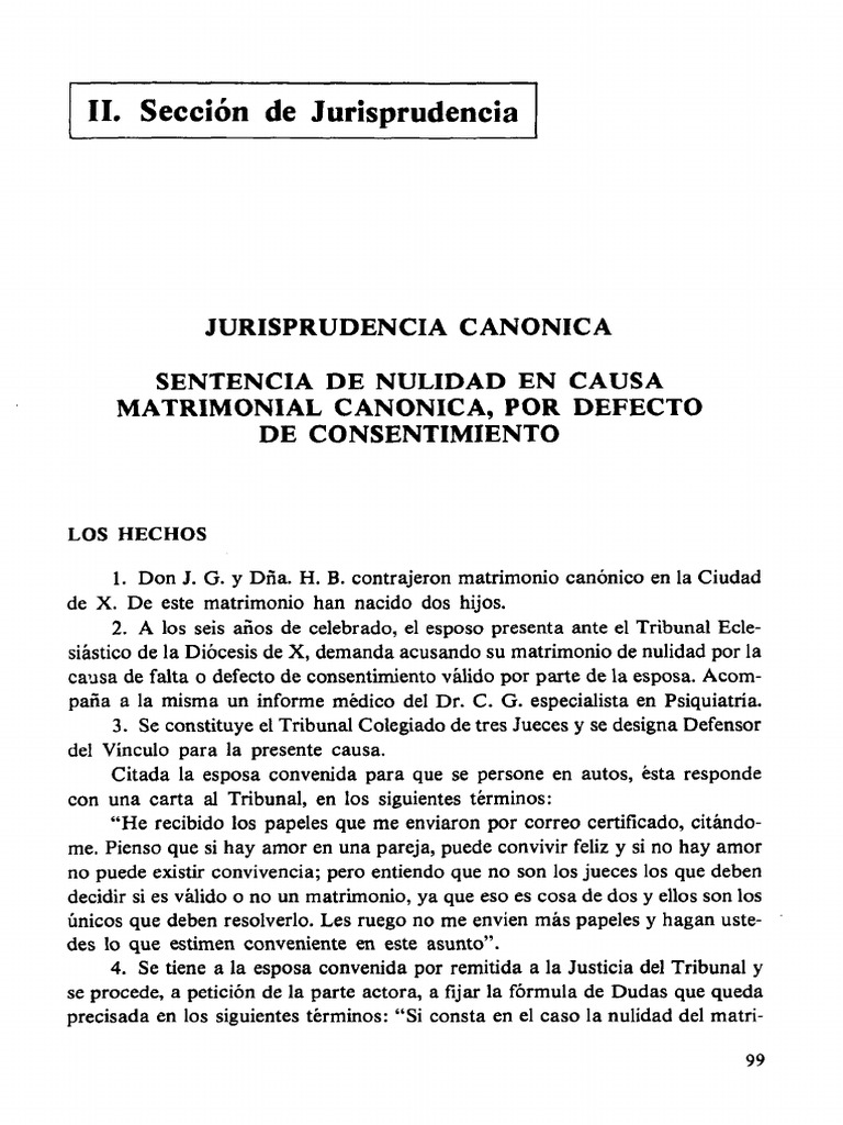 Jurisprudencia Canónica. Sentencia de Nulidad en Causa Matrimonial ...