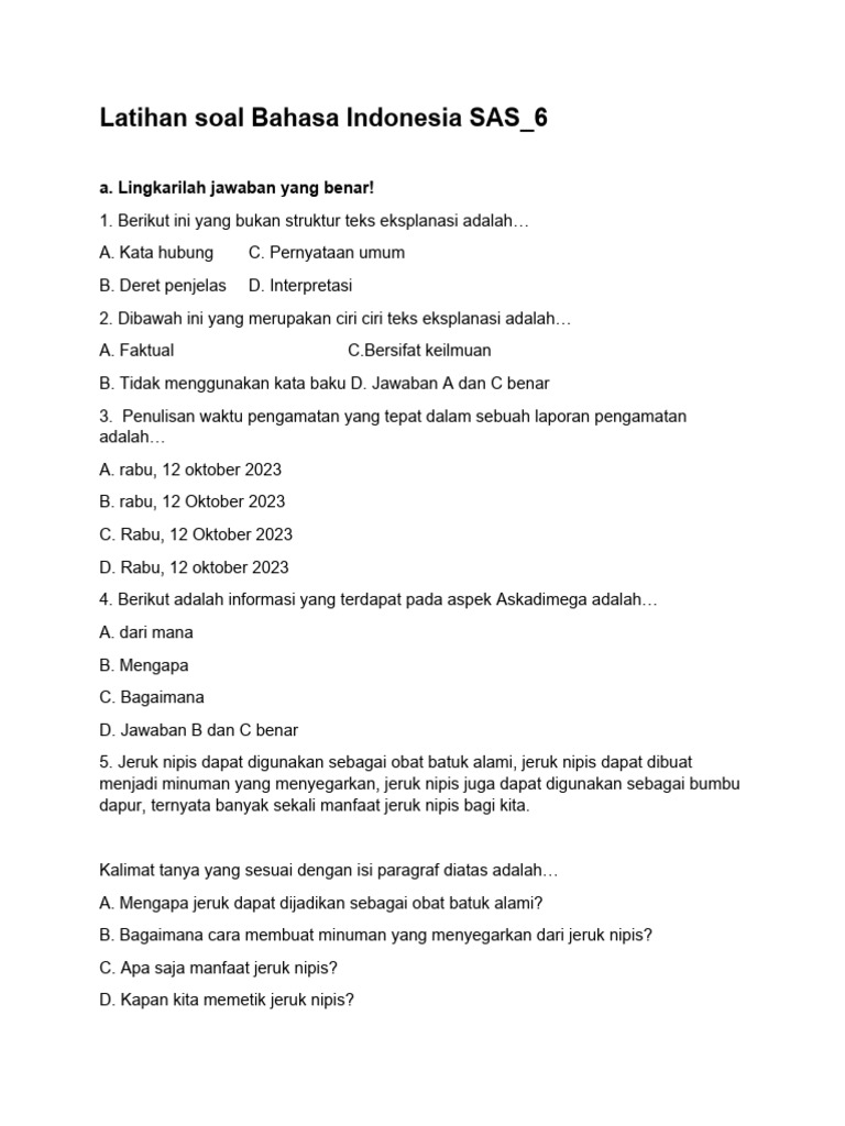 Latihan Soal Bahasa Indonesia SAS | PDF