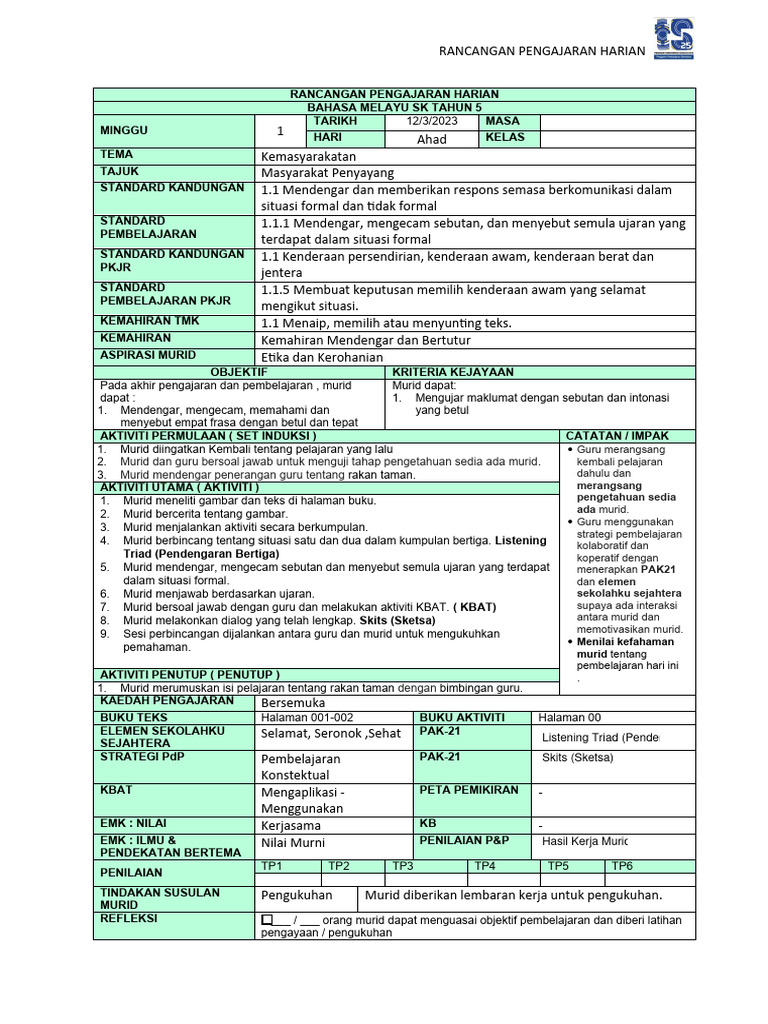 RPH Minggu 1 BM SK THN 5 2023 by Cikgu Gorgeous | PDF