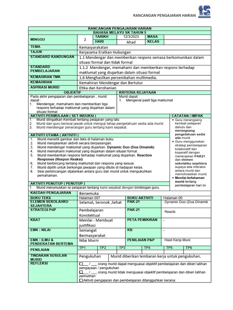 RPH Minggu 2 BM SK THN 5 2023 by Cikgu Gorgeous | PDF