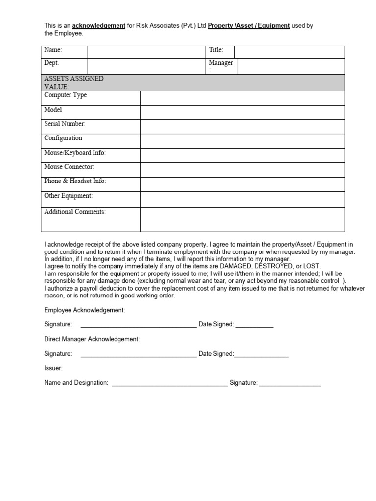 Asset Acknowledgement | PDF