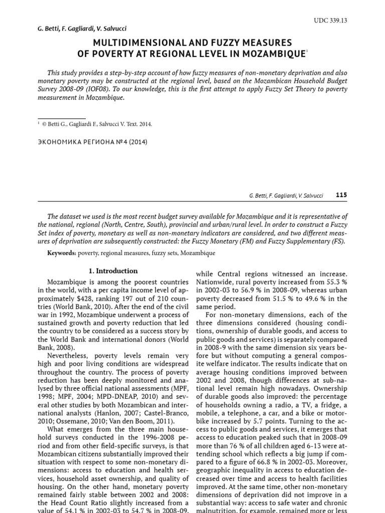 Multidimensional and Fuzzy Measures of Poverty at Regional Level in Mozambique | PDF | Poverty ...