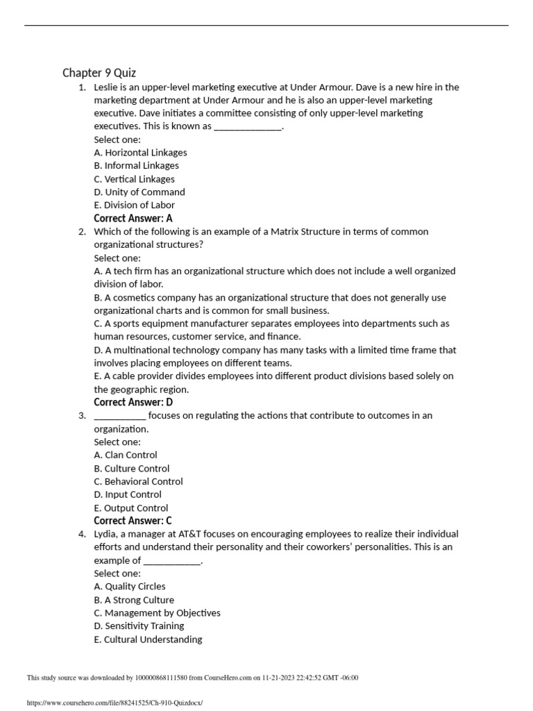CH 9 10 Quiz | PDF | Organizational Structure | Bias