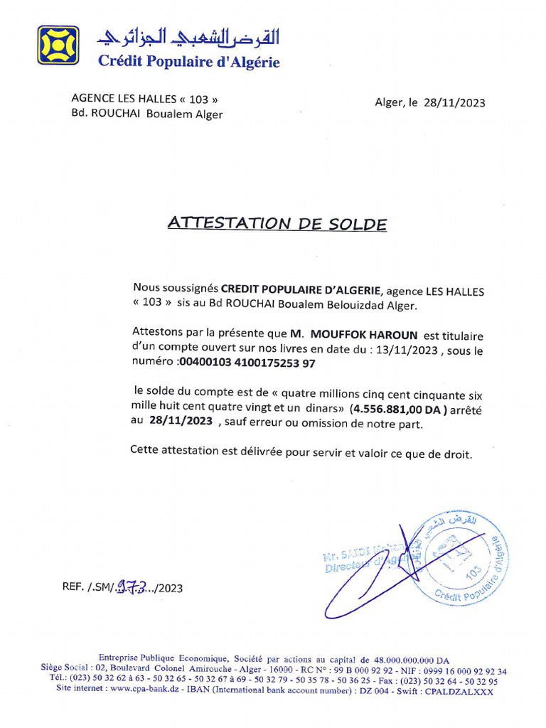 Attestation de Sold e Haroun | PDF