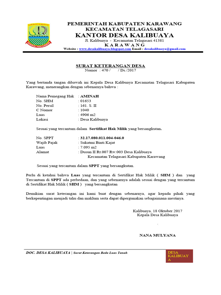 Surat Keterangan Beda Luas Luas Tanah | PDF
