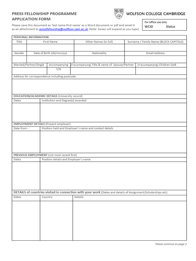 Wolfson Press Fellowship Application Form | PDF | Computers