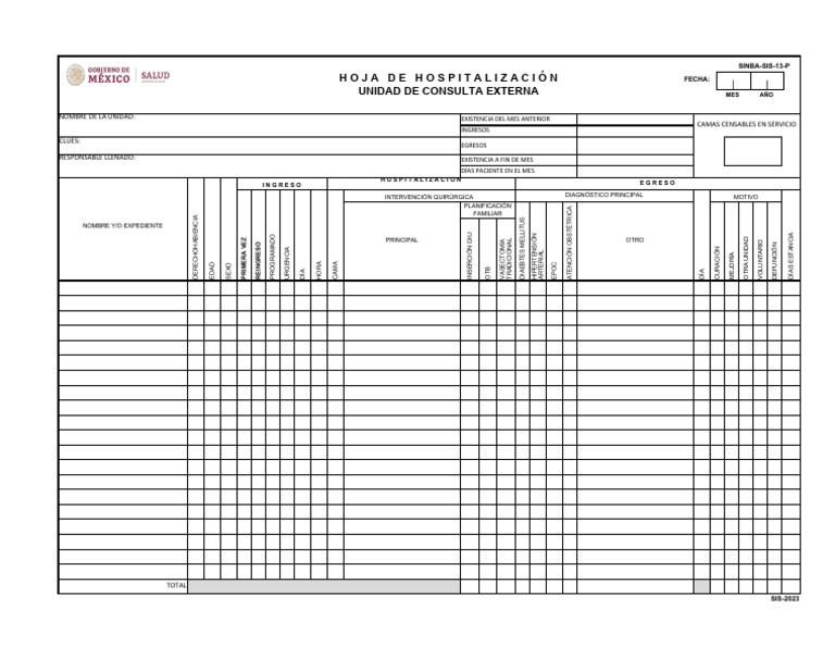 Sinba-Sis-13-P 2023 Hoja de Hospitalizacion | PDF | Medicina CLINICA ...