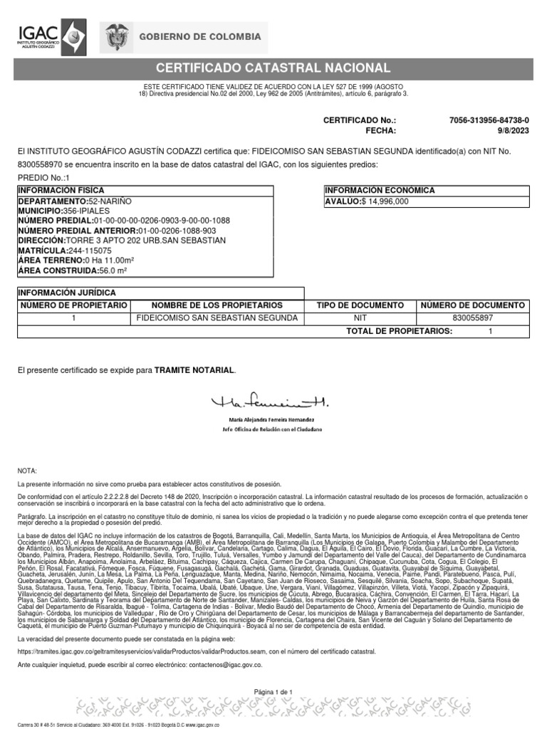 Certificado Catastral Nacional IGAC | PDF | Colombia | Documento
