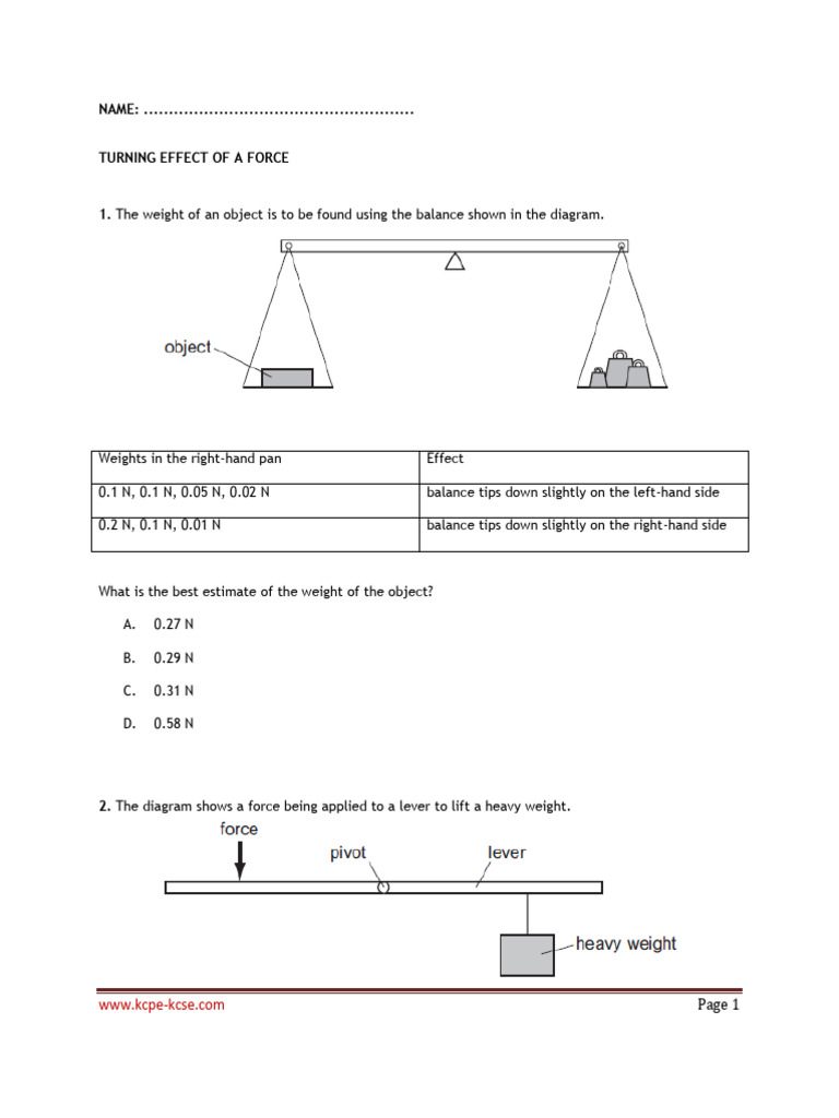 Form 2 Topic 13. Turning Effect of A Force Questions Teacher - Co .Ke ...