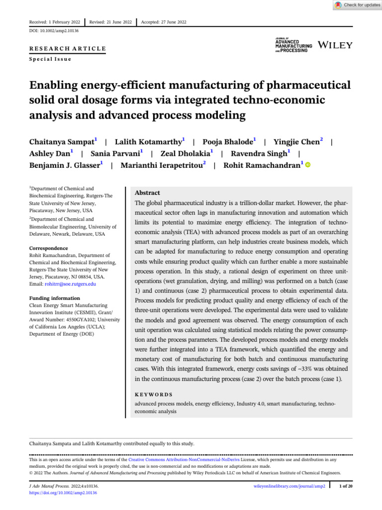 J Adv Manuf Process - 2022 - Sampat - Enabling Energy Efficient Manufacturing of Pharmaceutical ...