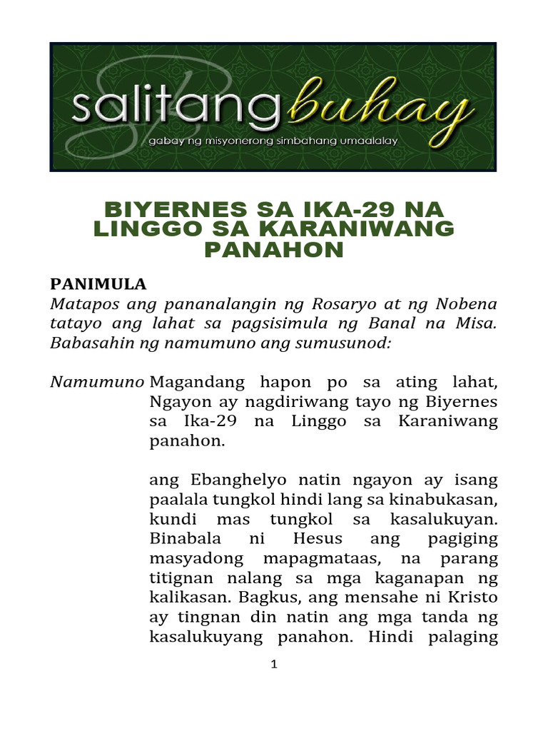Biyernes NG Ika-29 Linggo Sa Karaniwang Panahon | PDF Biyernes NG Ika-29 Linggo Sa Karaniwang Panahon | PDF