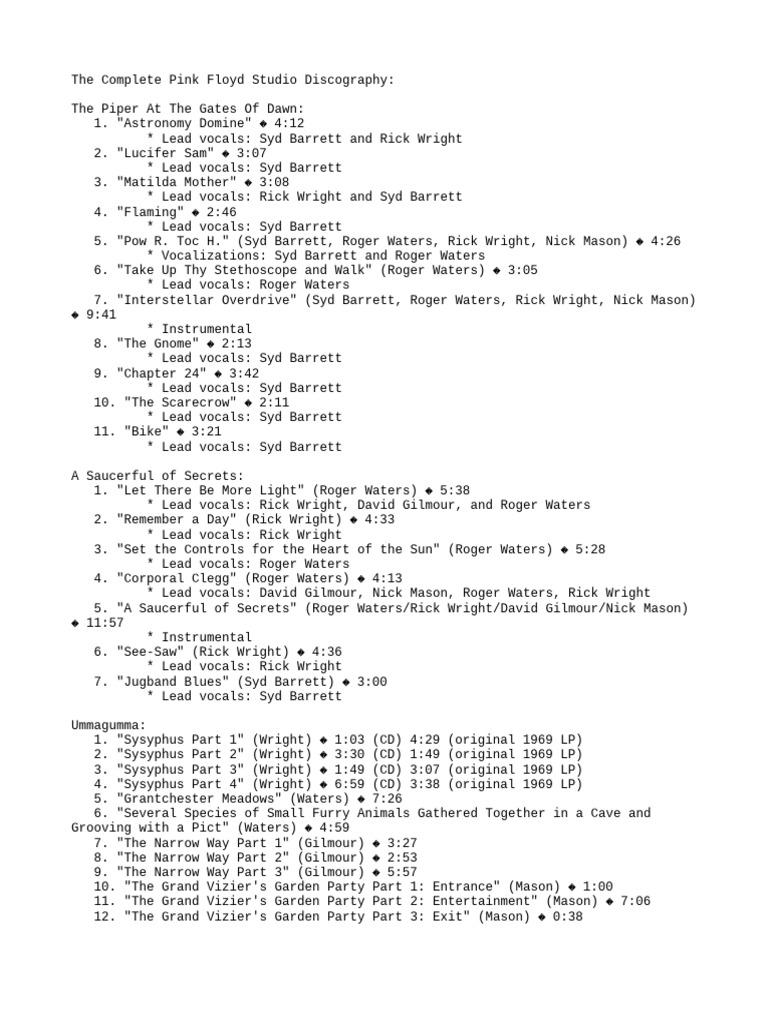 Pink Floyd Track Listing | PDF | Rock Music | English Musicians