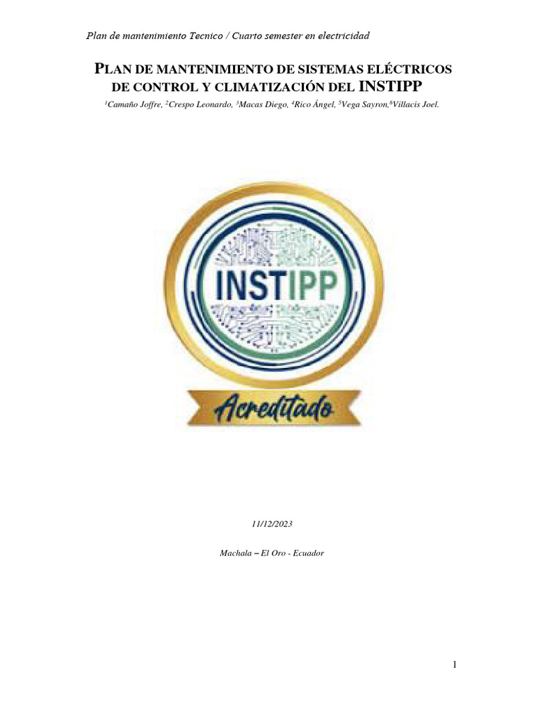 Plan de Mantenimiento de Sistemas Eléctricos de Control y Climatización Del INSTIPP | PDF ...