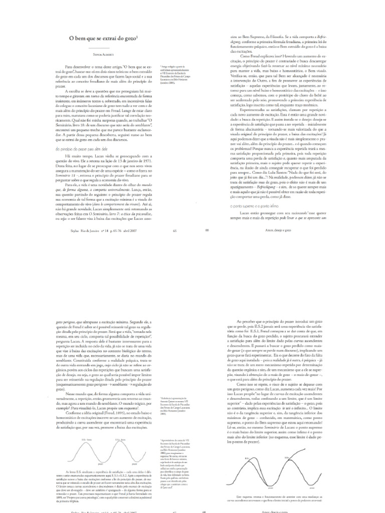 ALBERTI, S. O Bem Que Se Extrai Do Gozo. Stylus, N. 14, Abril, P. 65-76, 2007 | PDF