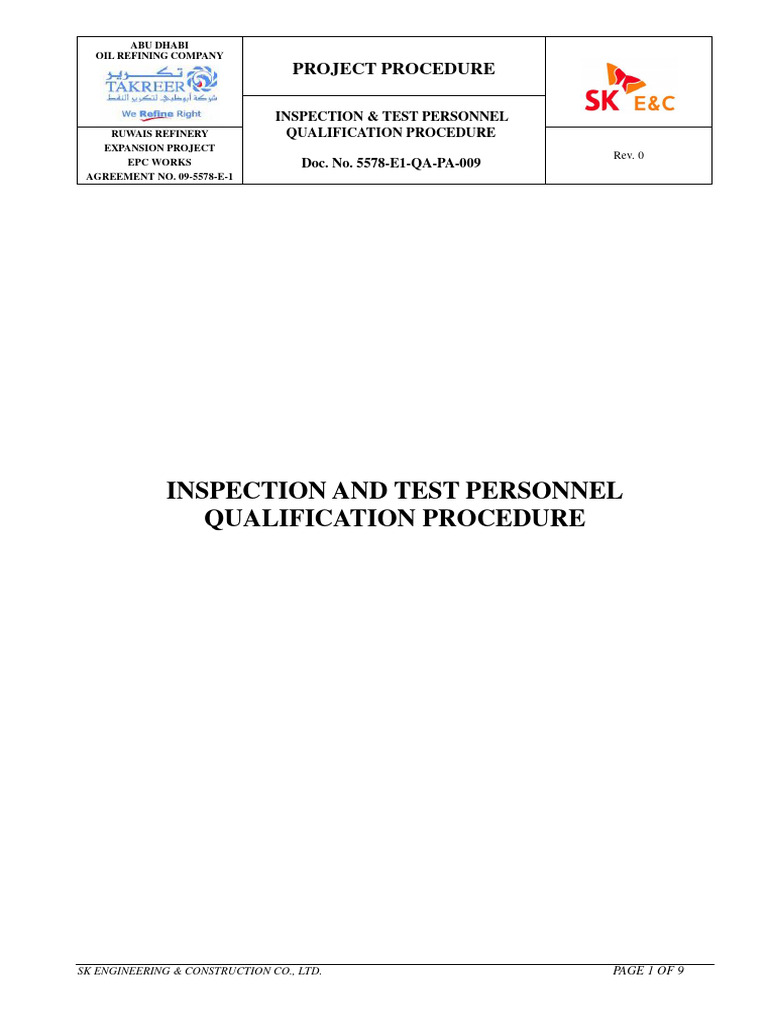 Inspection and Test Personnel Qualification Procedure | Download Free ...
