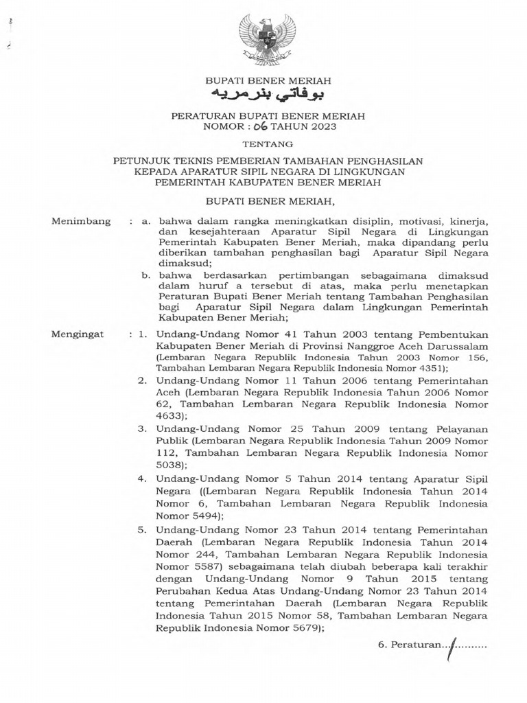 Peraturan Bupati Bener Meriah Nomor 6 Tahun 2023 Tentang Petunjuk Teknis Pemberian Tambahan ...