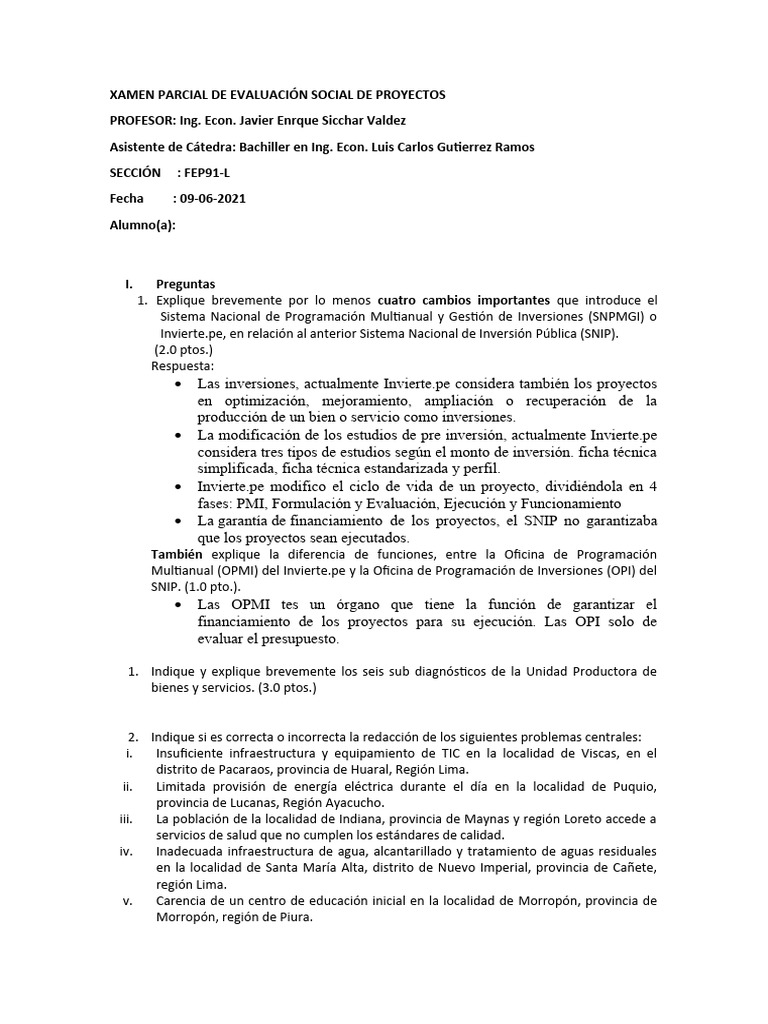 Xamen Parcial de Evaluación Social de Proyectos | PDF | Crecimiento personal y profesional ...