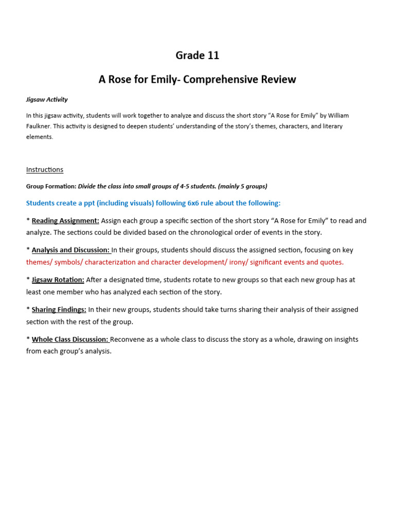 A Rose for Emily Jigsaw Activity Guide | PDF | General Fiction