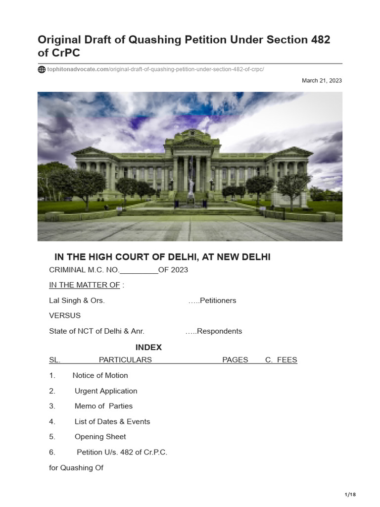 Quashing Petition Under Section 482 CrPC | PDF | Affidavit | Bail