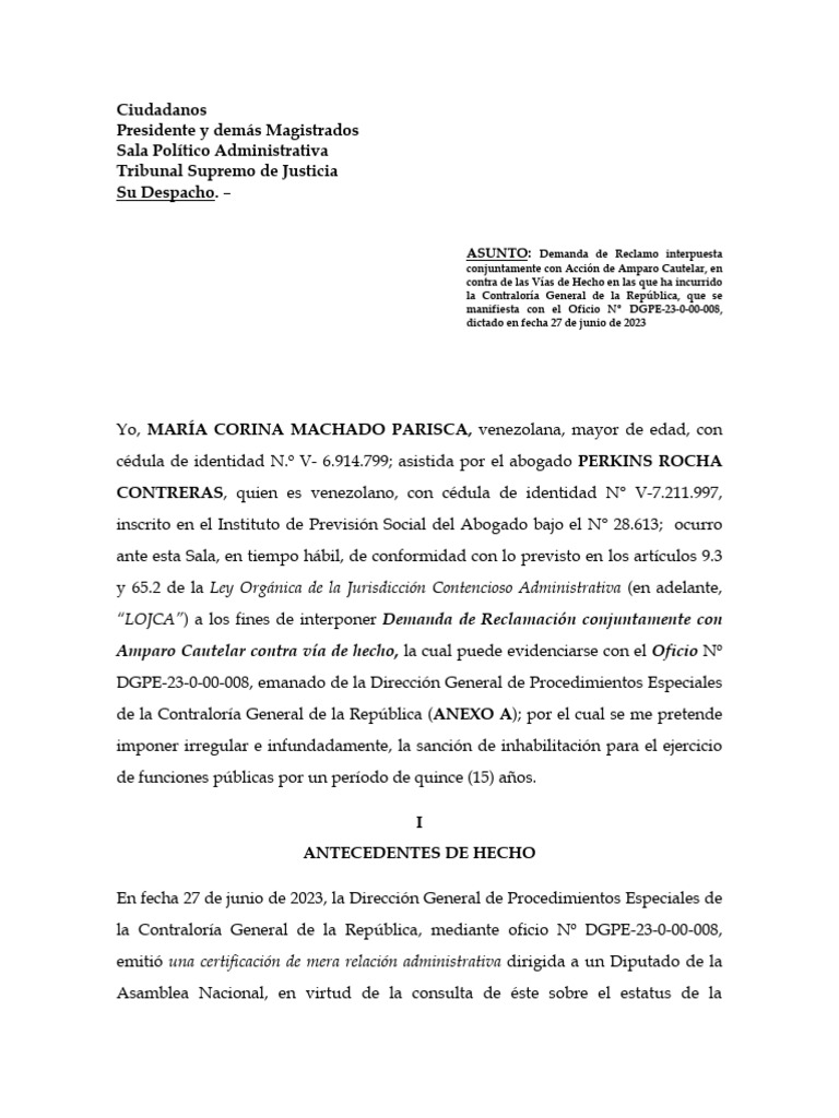 La Demanda Que Interpuso María Corina Machado Ante El TSJ (Documento ...