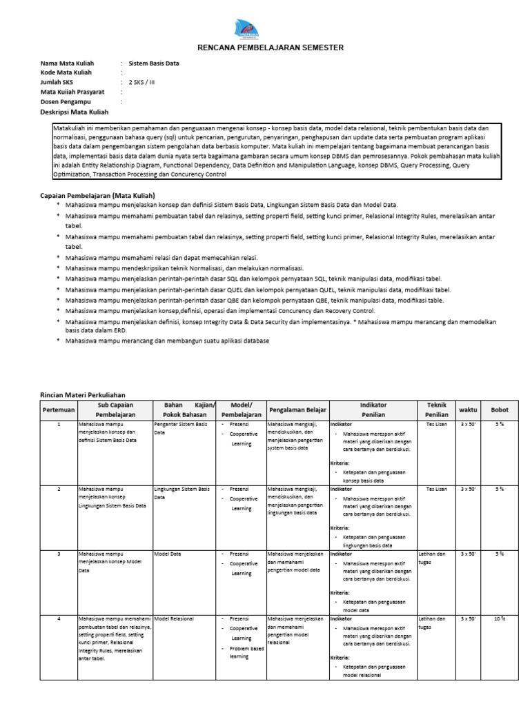 RPS Sistem Basis Data | PDF | Karier & Perkembangan