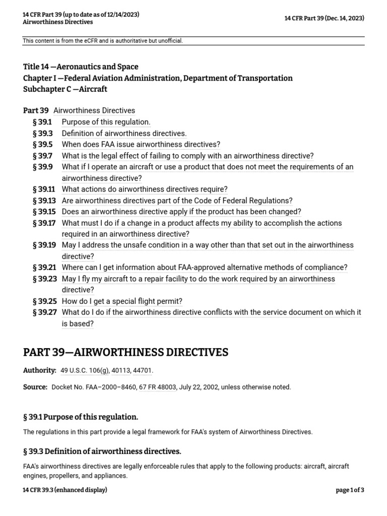 14 CFR Part 39 (Up To Date As of 12-14-2023) | PDF | Federal Aviation ... 14 CFR Part 39 (Up To Date As of 12-14-2023) | PDF | Federal Aviation ...