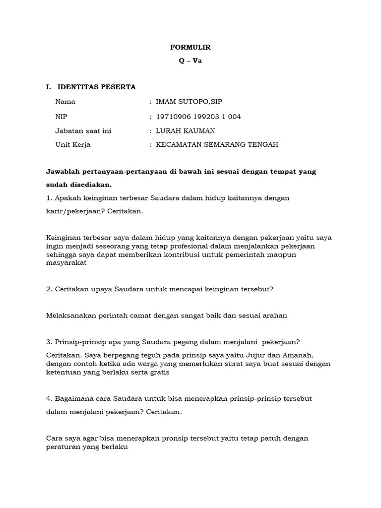 Form Q-Va (Kuesioner Value) - NamaLengkap - NIP | PDF