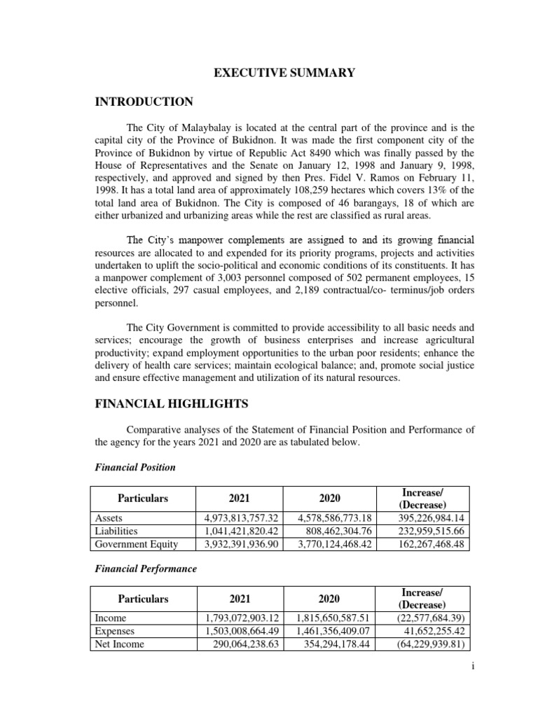 Malaybalay-City-Executive-Summary-2021 | PDF | Audit | Economies
