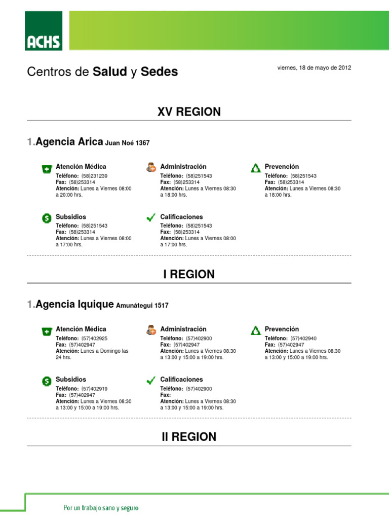 Sedes y Contactos de ACHS en Chile | PDF | Atención primaria ...
