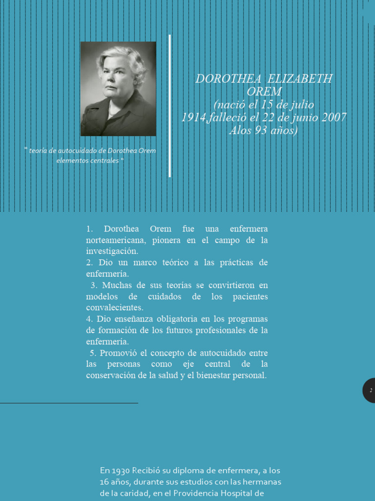 Teoría de Autocuidado de Dorothea Orem | PDF | Enfermería | Cuidado de ...