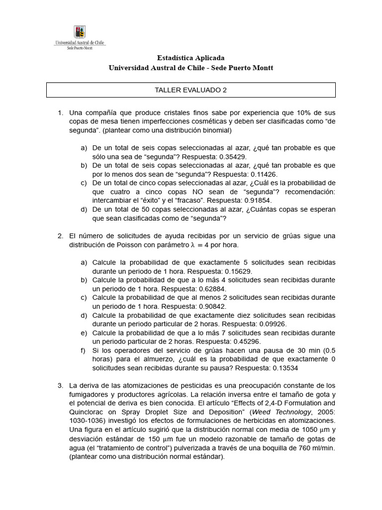 Taller Evaluado 2 - Estadistica Aplicada | PDF | Probabilidad ... Taller Evaluado 2 - Estadistica Aplicada | PDF | Probabilidad ...